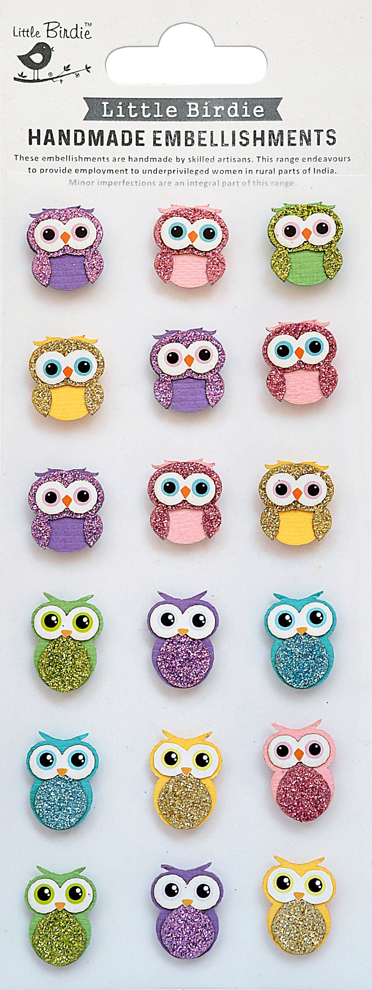 Little Birdie Mini Glitter Embellishments 18/Pkg-Owls - Little Birdie ...